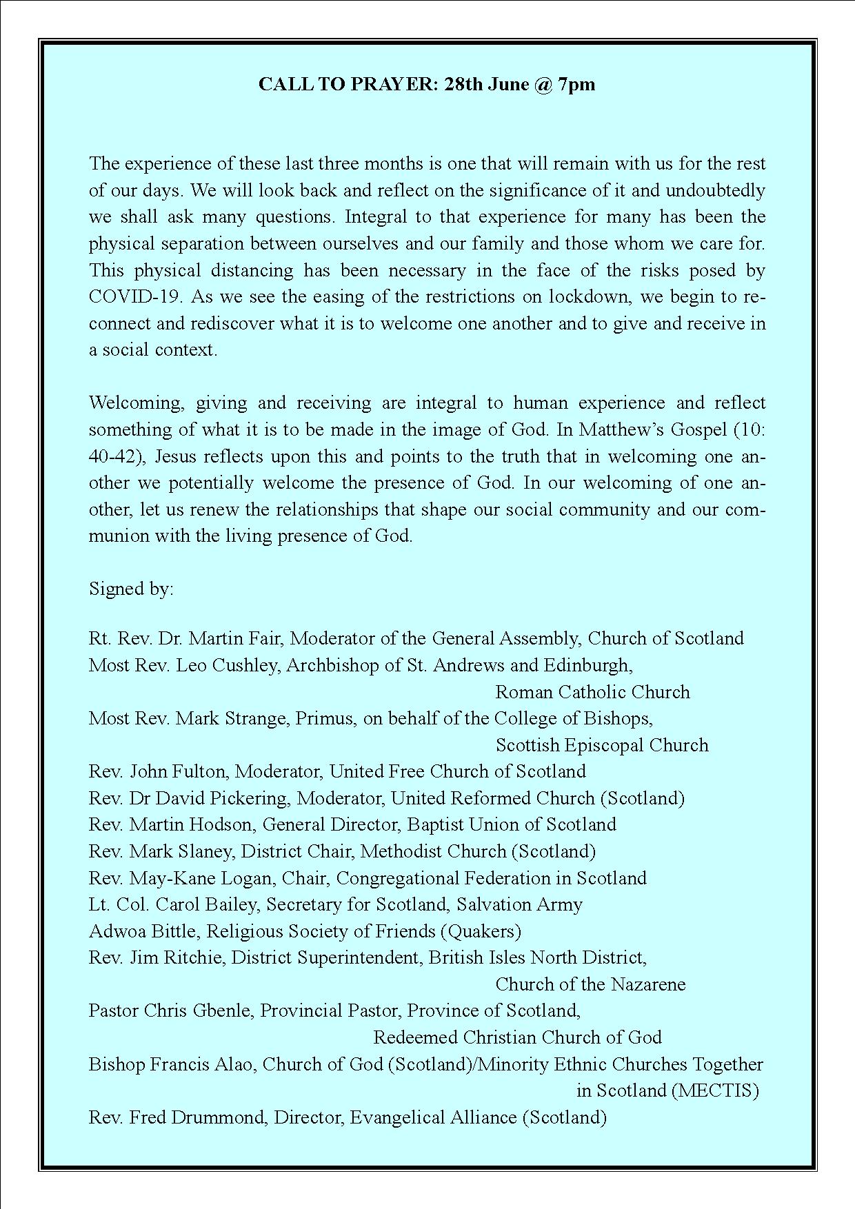 Joint Christian Prayer for Sunday June 28th at 7pm – RC Ayr