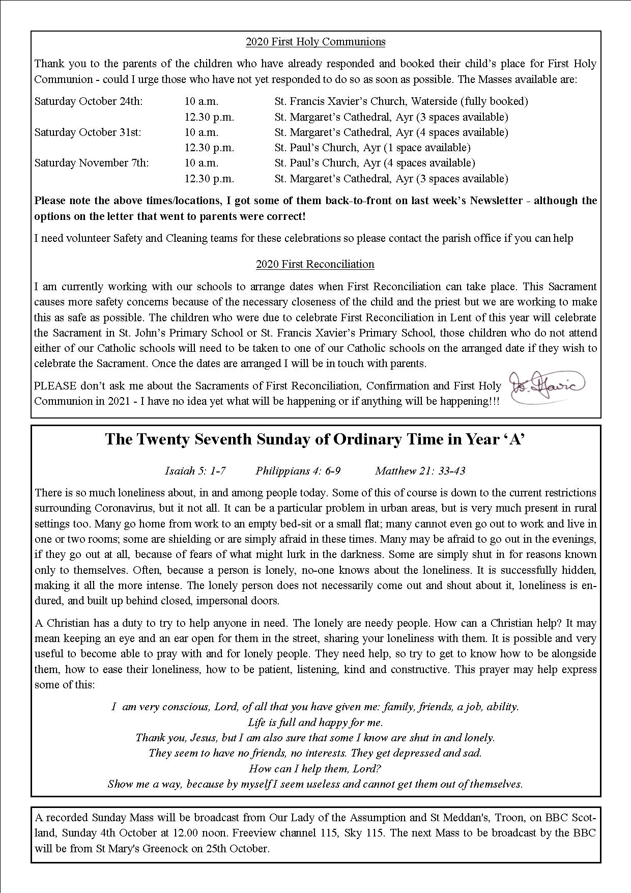 Newsletter for the 27th Sunday of Ordinary Time in Year ‘A’, October ...