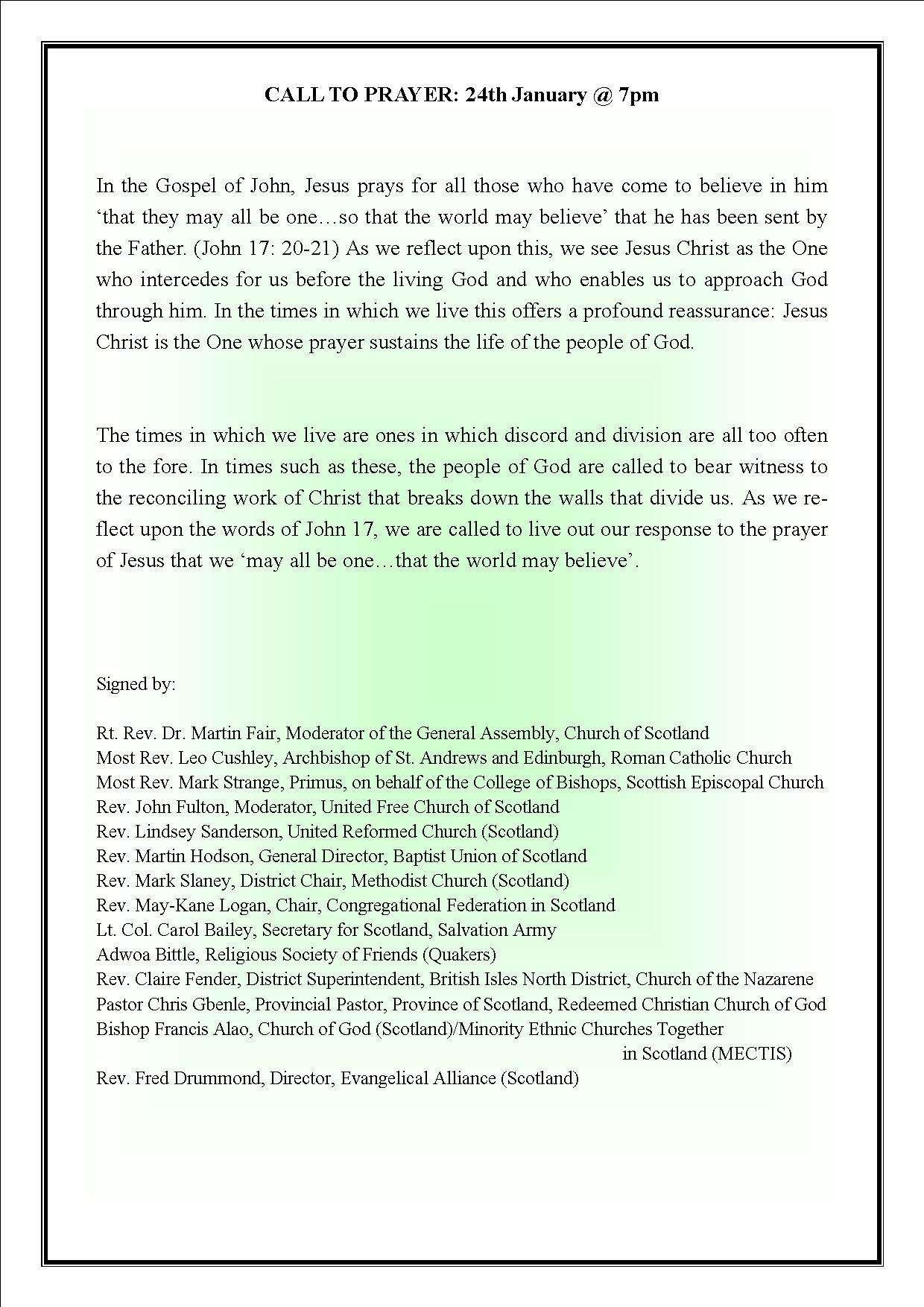 Ecumenical Call to Prayer, Sunday January 24th 2021 at 7 p.m. – RC Ayr