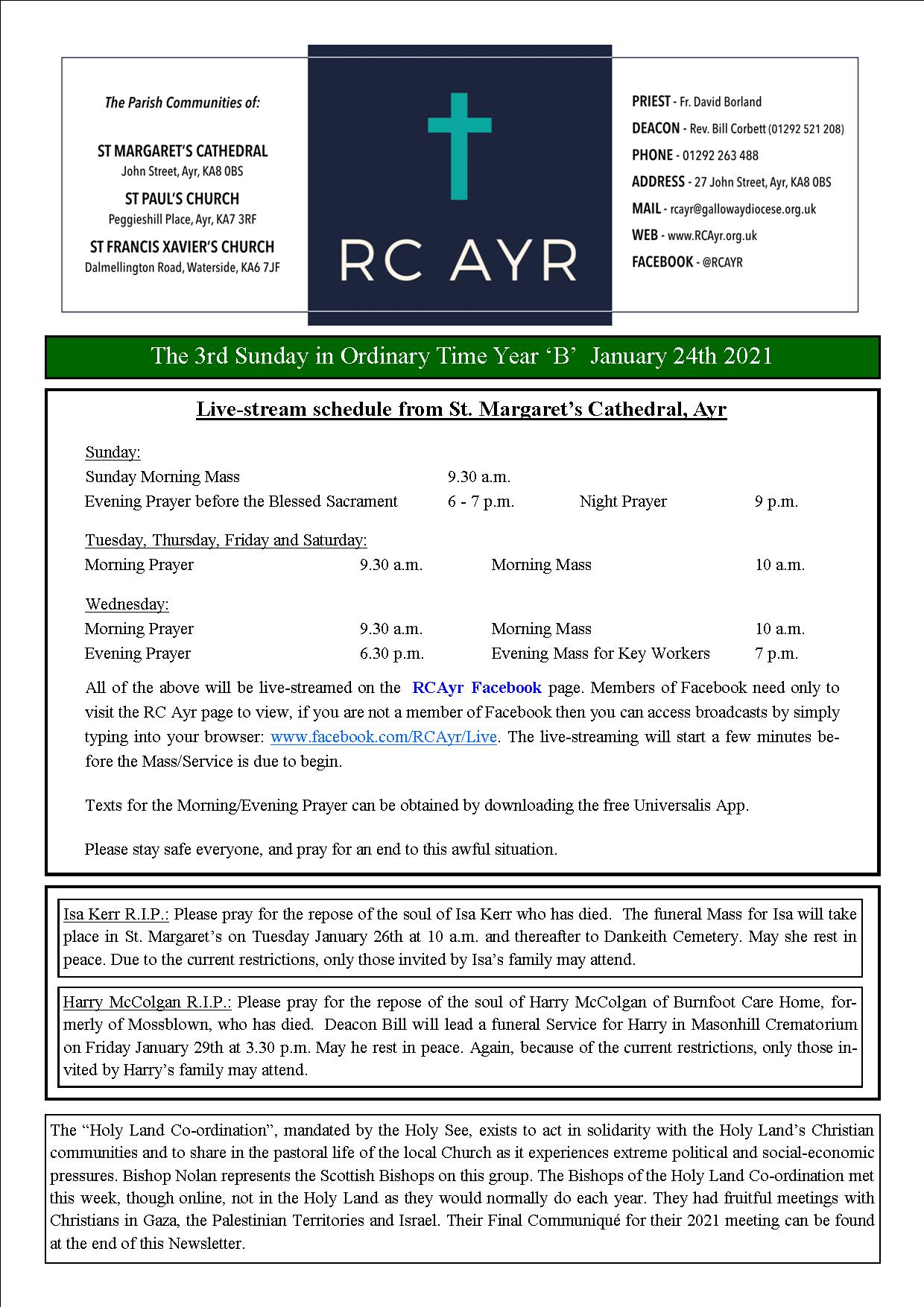 Newsletter for the 3rd Sunday of Ordinary Time in Year B, January 24th ...