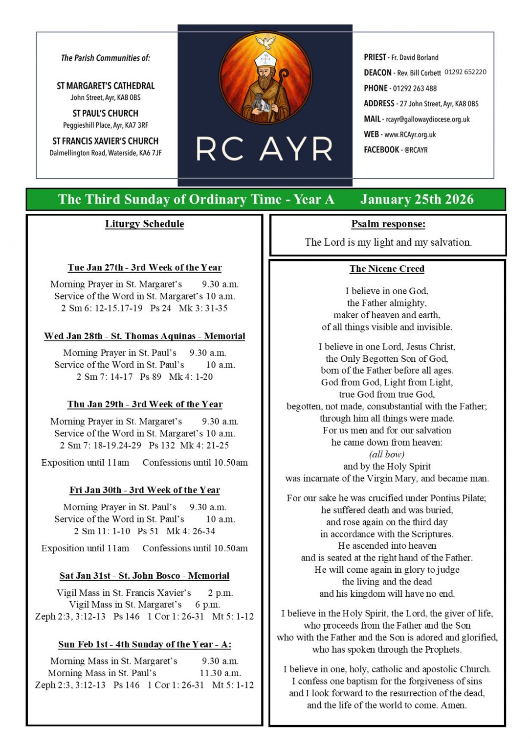 Newsletter for the 3rd Sunday of Year A, January 25th 2026 – RC Ayr
